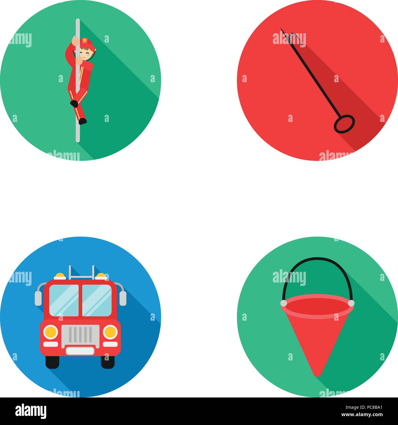 Fireman on the stairs, burning building, fire extinguisher, hose. Fire ...