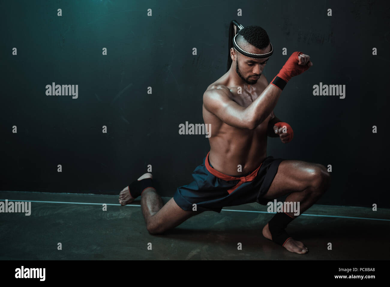 Muay Thai athlete training at Thai boxing indoors, ultimate fight ...