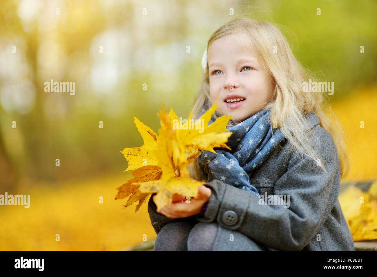 Cute little girl having fun on beautiful autumn day. Happy child ...