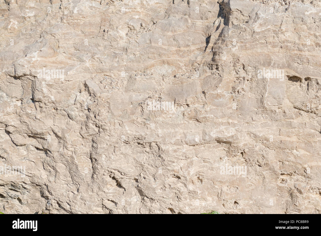 Closeup limestone rock face showing weathered strata for a geological ...