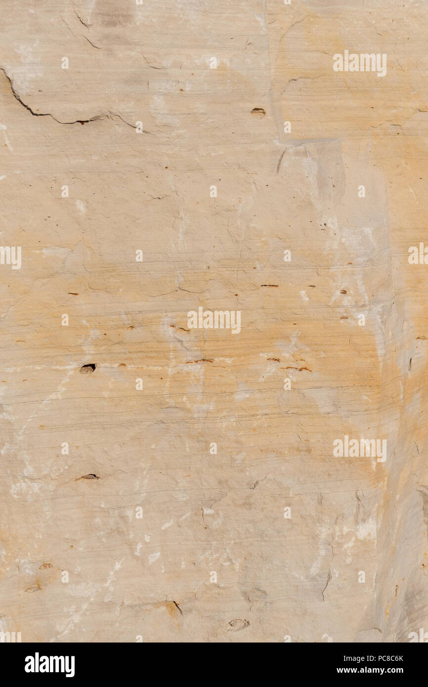 Closeup limestone rock face showing weathered strata for a geological ...