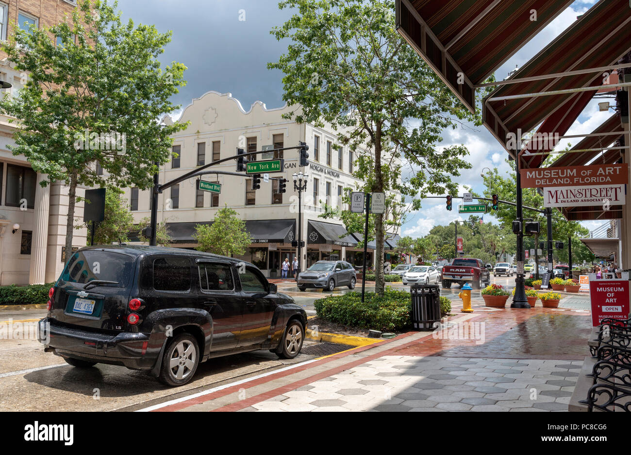 DeLand Florida USA. Landscape view of the main street after a rain ...