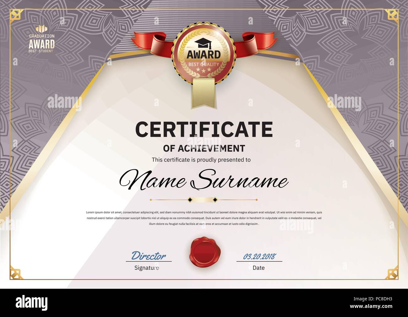 Official retro certificate with red gold design elements. Gold emblem ...