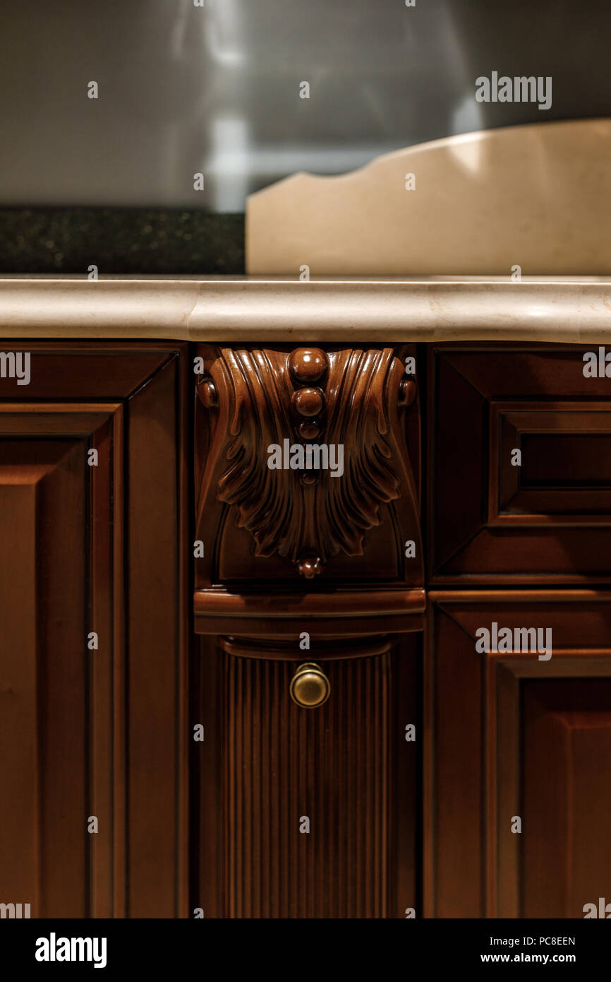 Elegant details of wooden counter in stylish kitchen Stock Photo - Alamy
