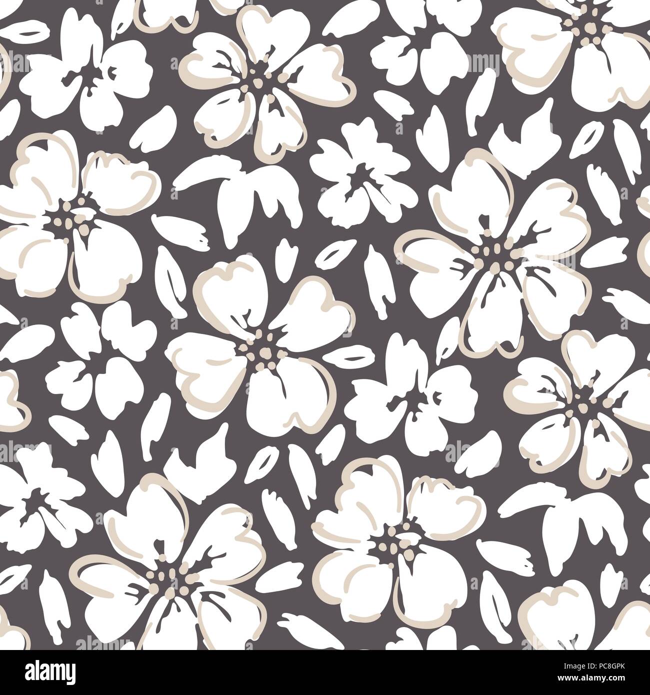 Bold graphic outlined floral vector seamless pattern. Simplistic white ...