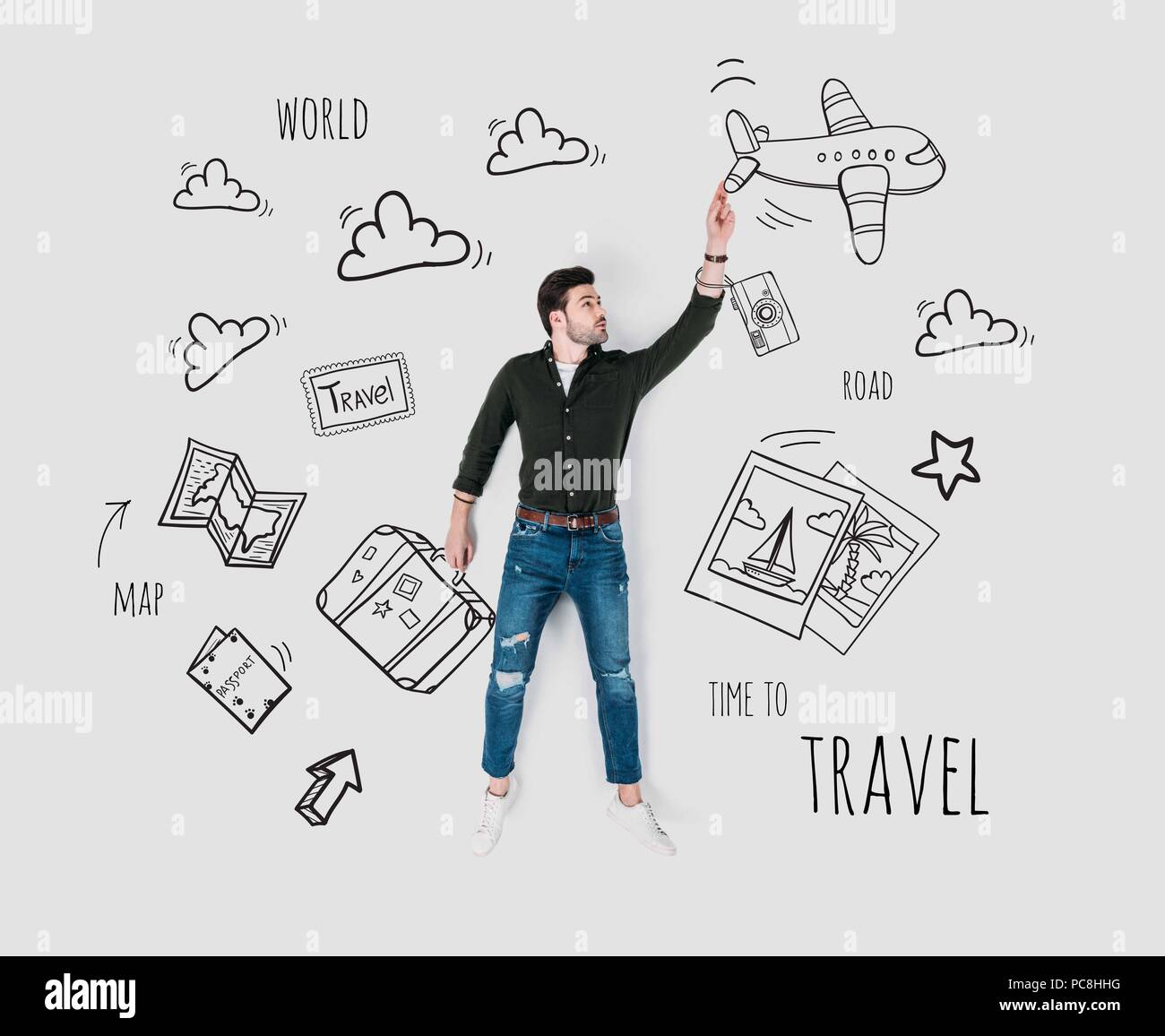 creative hand drawn collage with man and various travel signs Stock ...