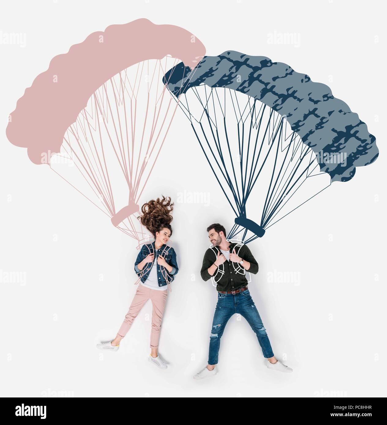 creative hand drawn collage with flying with parachutes together Stock ...