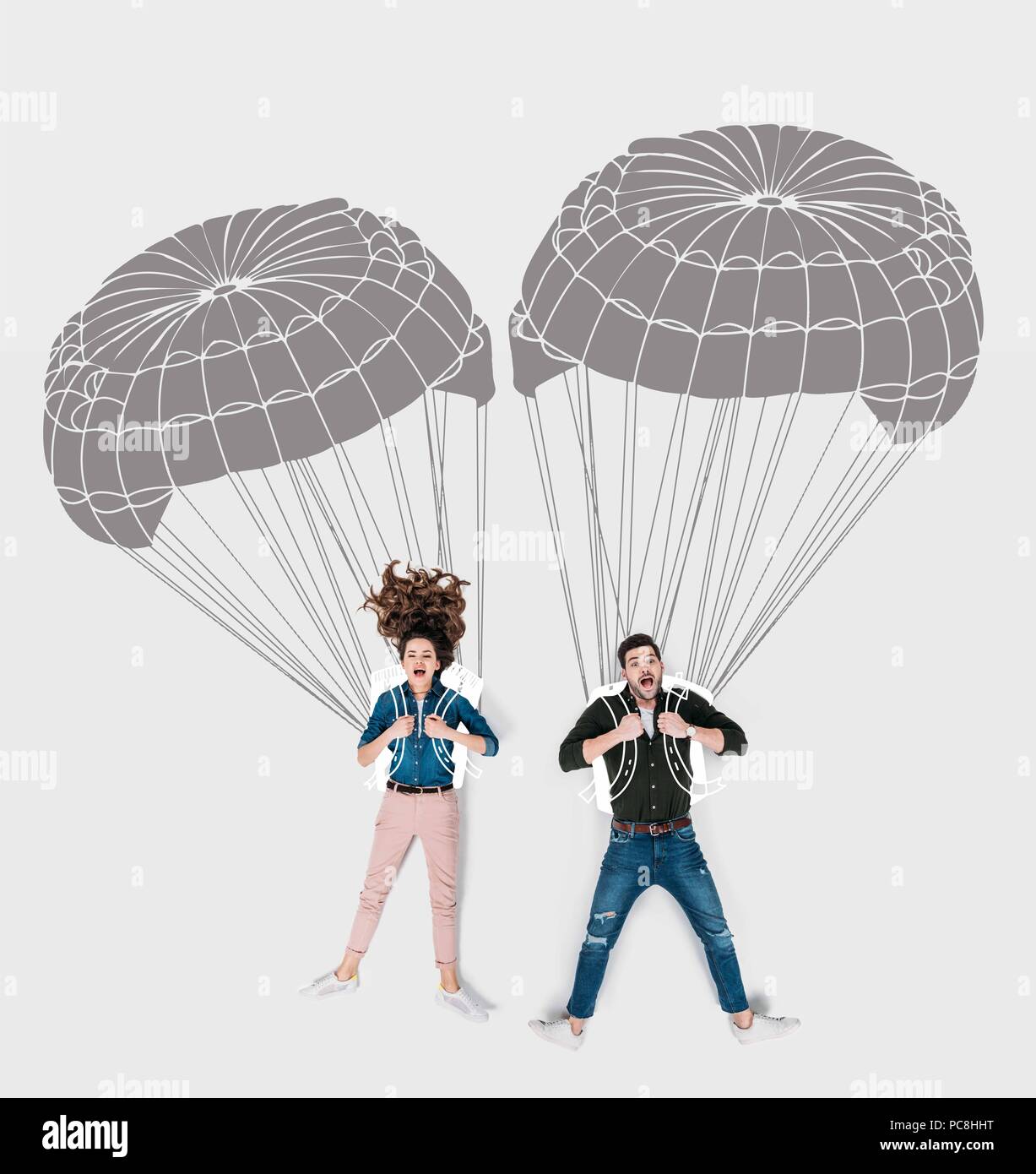 creative hand drawn collage with flying with parachutes together Stock ...