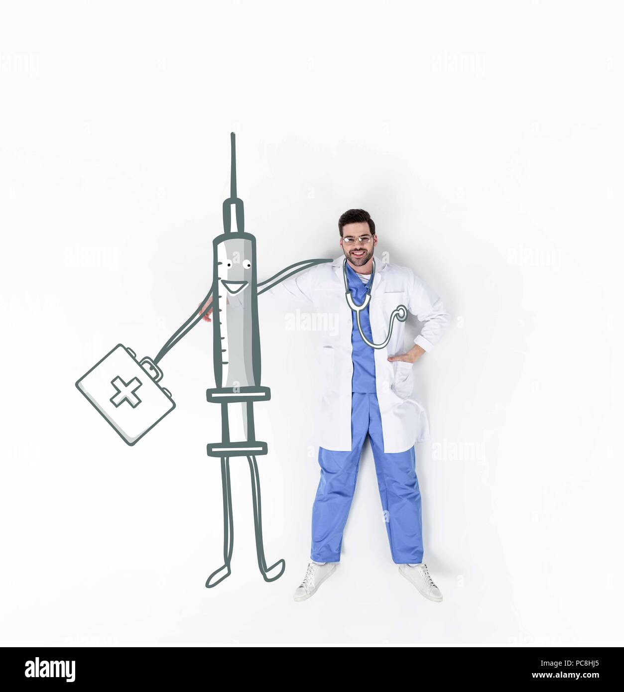 creative collage of handsome young doctor embracing with smiling ...