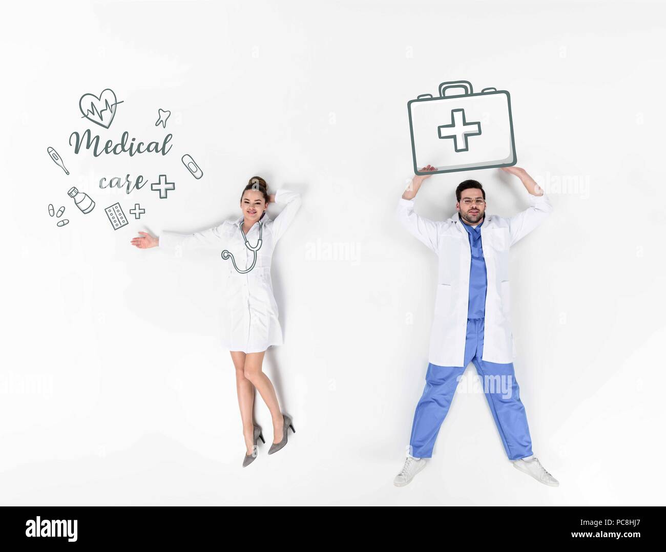 creative collage of male and female doctors with various hand-drawn ...