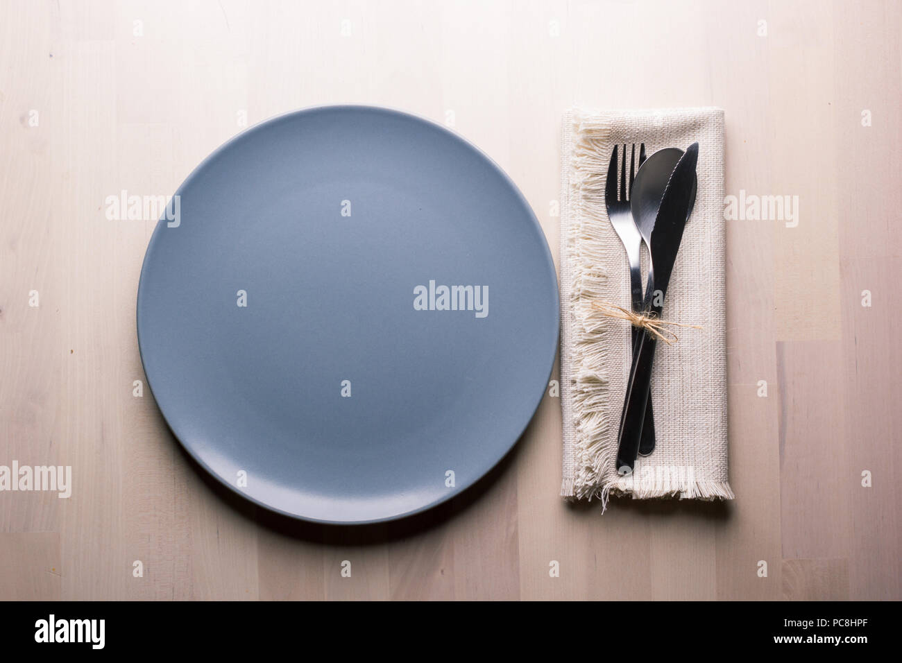 Top view of a restaurant table with plate, knife and fork, restaurant ...