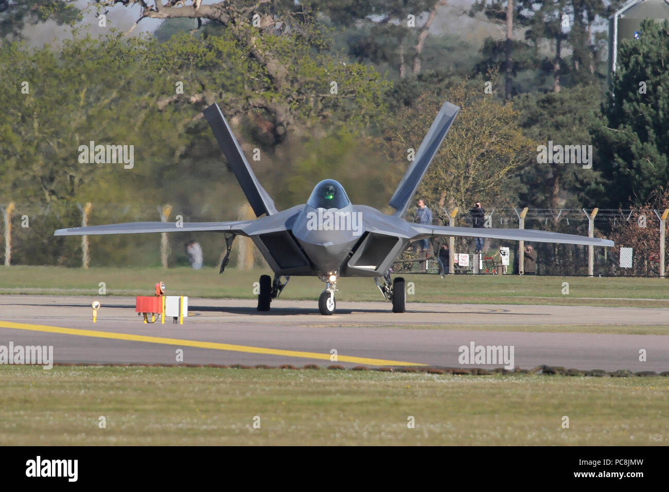 F-22A Raptor taxiing to the main runway at RAF Lakenheath during the ...