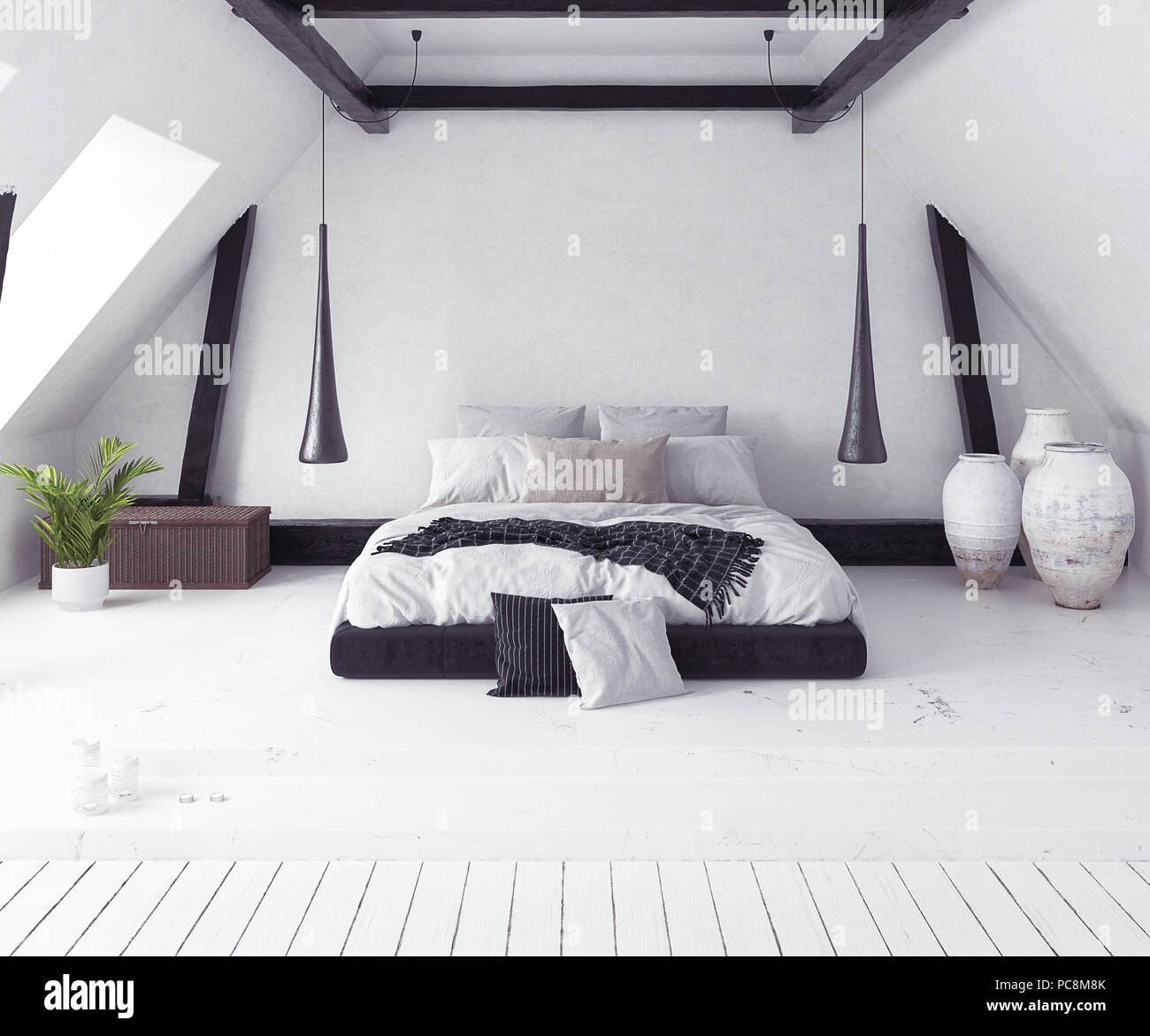 Modern open-plan apartment in attic, loft style, 3d render Stock Photo ...