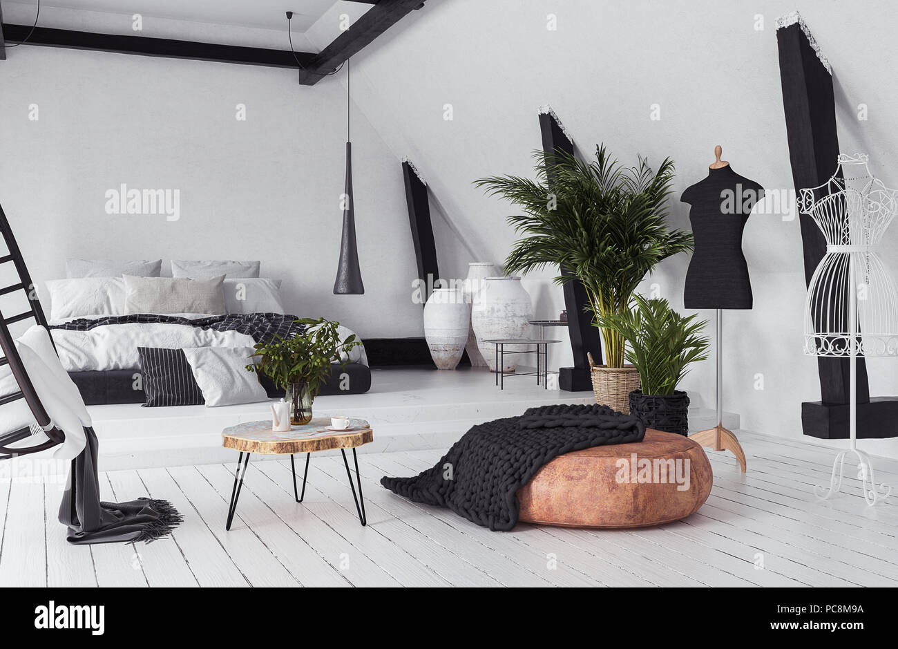Modern open-plan apartment in attic, loft style, 3d render Stock Photo ...