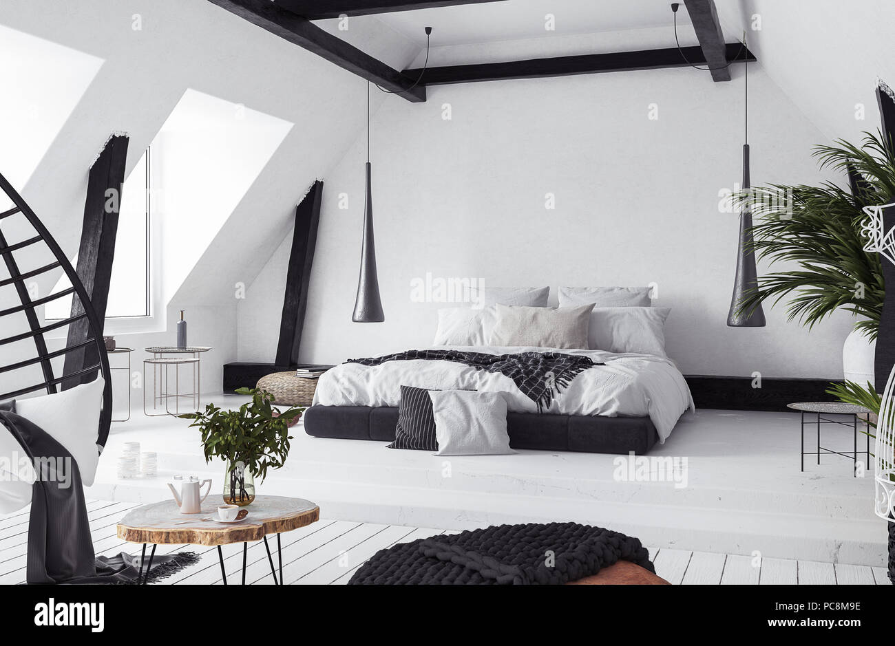 Modern open-plan apartment in attic, loft style, 3d render Stock Photo ...