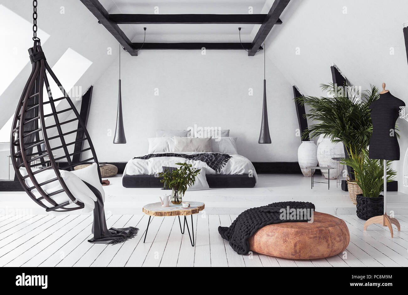 Modern open-plan apartment in attic, loft style, 3d render Stock Photo ...