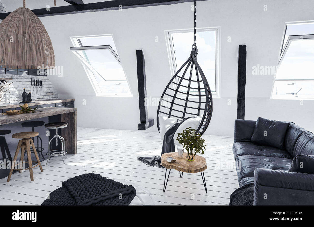 Modern open-plan apartment in attic, loft style, 3d render Stock Photo ...