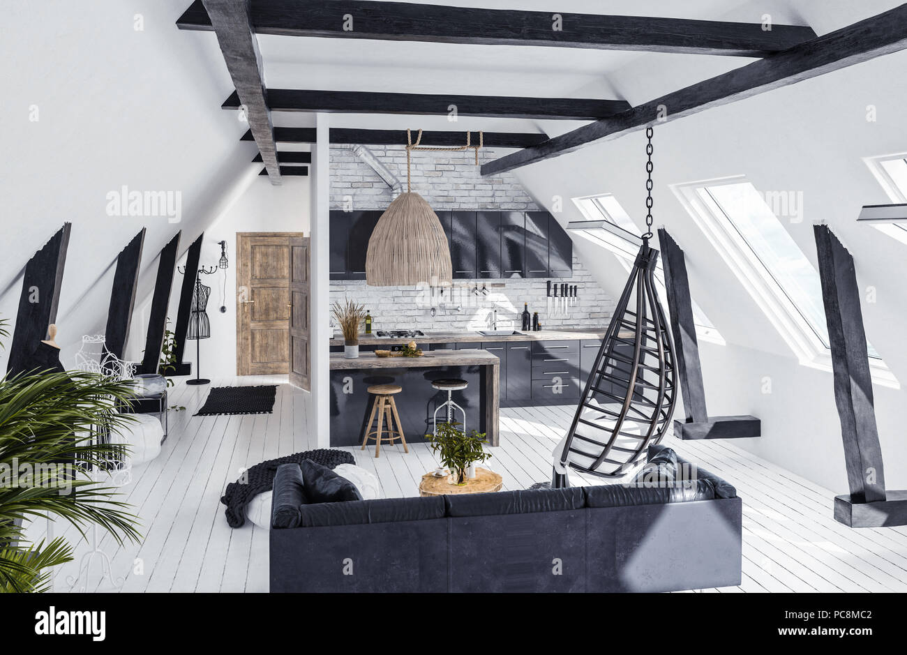 Modern open-plan apartment in attic, loft style, 3d render Stock Photo ...