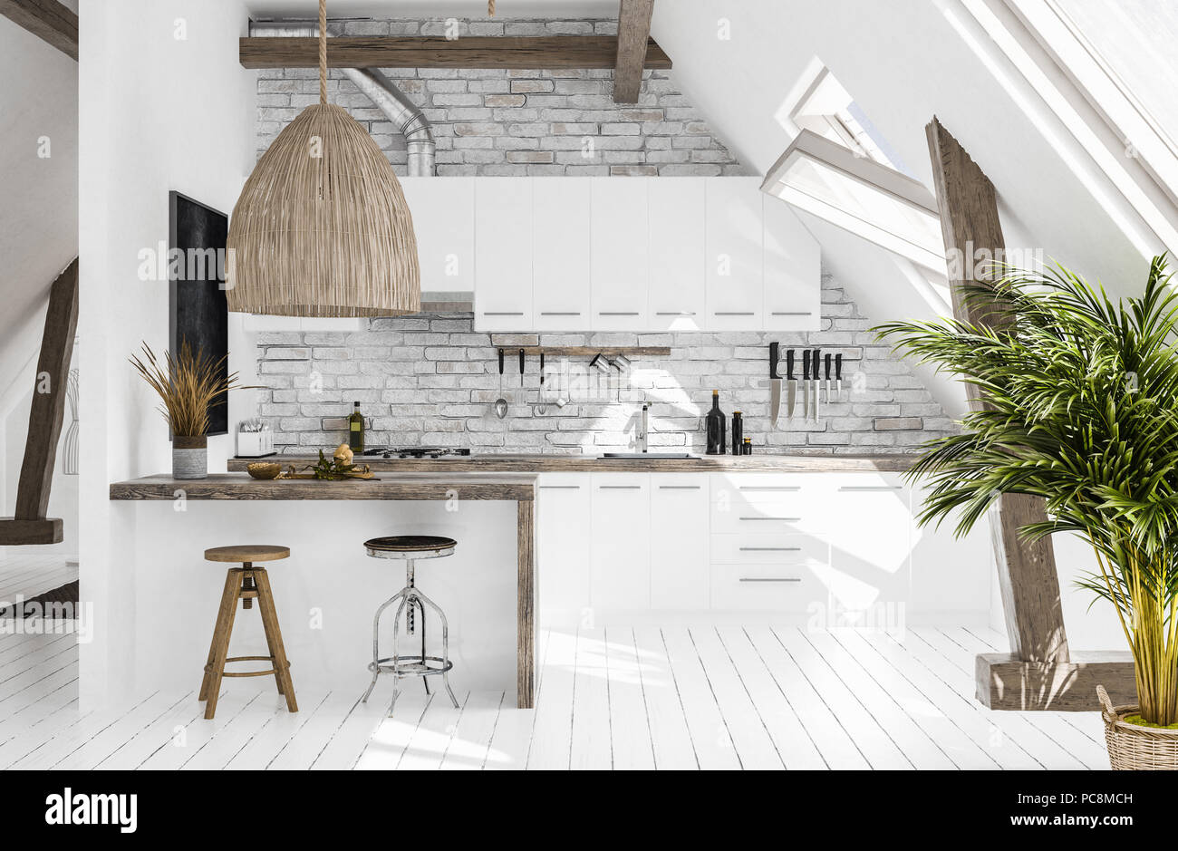 Modern kitchen in attic, Scandi-boho style, 3d render Stock Photo - Alamy