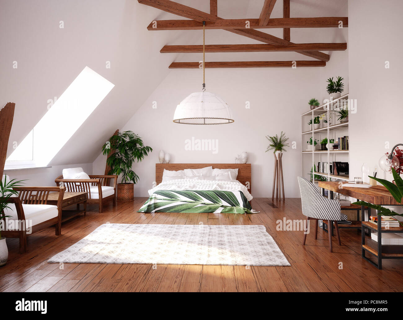 Modern bright open space interior in attic, 3d render Stock Photo - Alamy