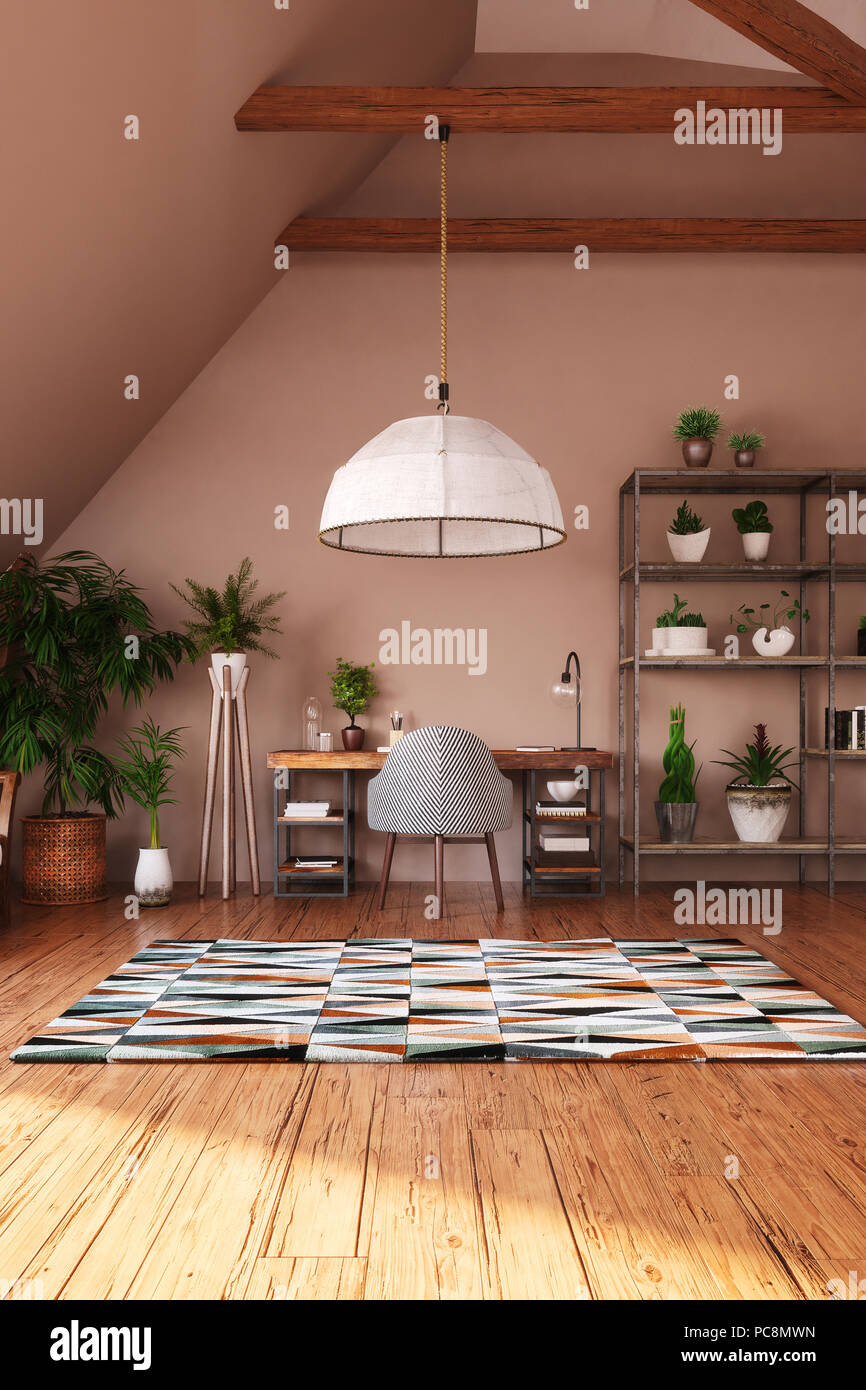 Modern bright open space interior in attic, 3d render Stock Photo - Alamy