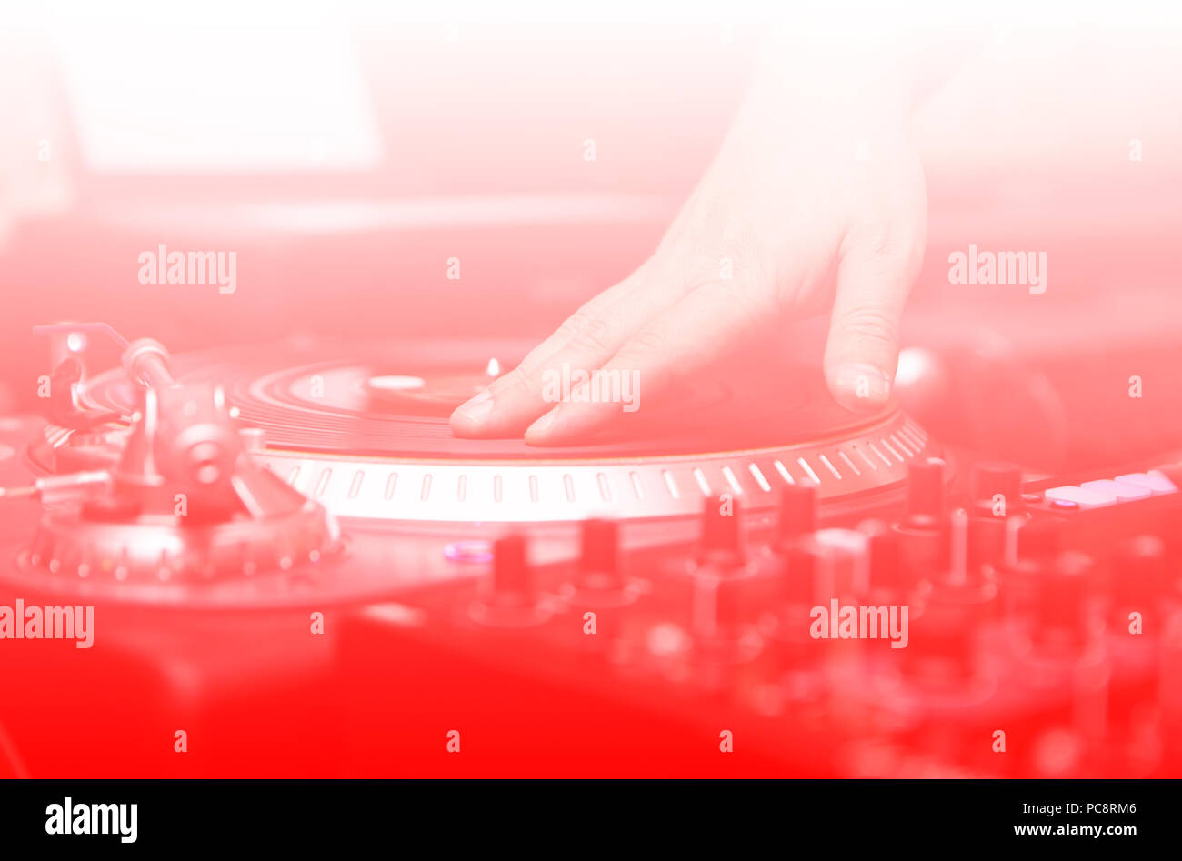 Professional dj plays music on vinyl records player turn table Stock ...