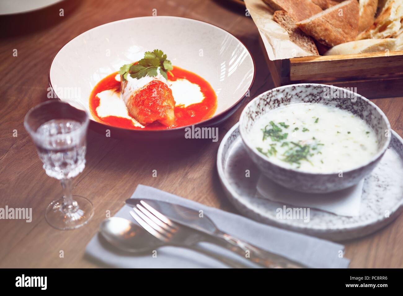 Traditional Georgian restaurant food. Gourmet Caucasian menu in cafe ...