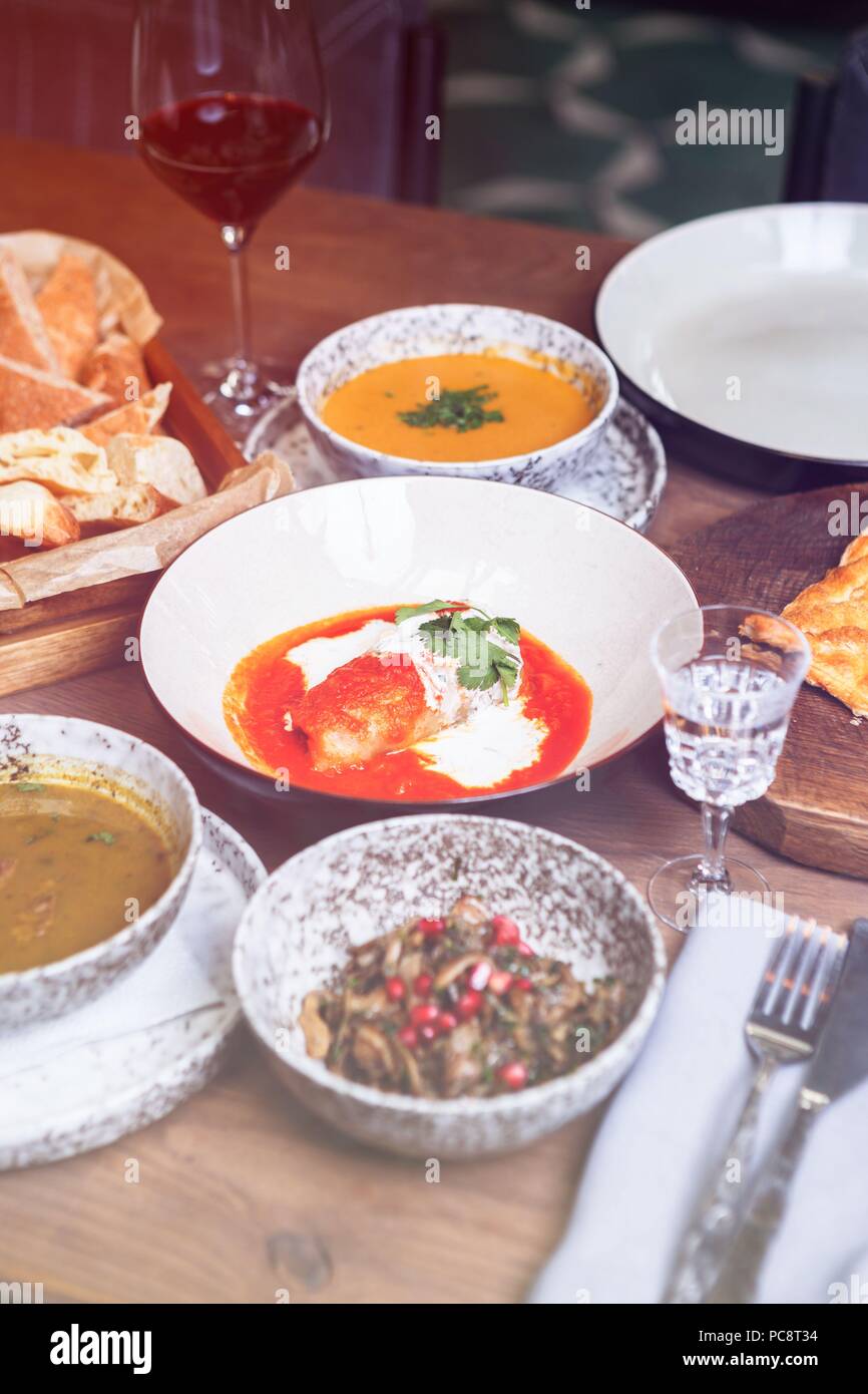 Traditional Georgian restaurant food. Gourmet Caucasian menu in cafe ...