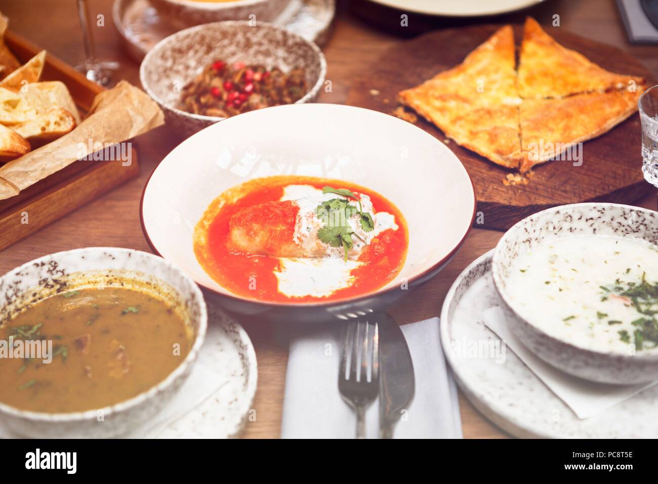 Traditional Georgian restaurant food. Gourmet Caucasian menu in cafe ...