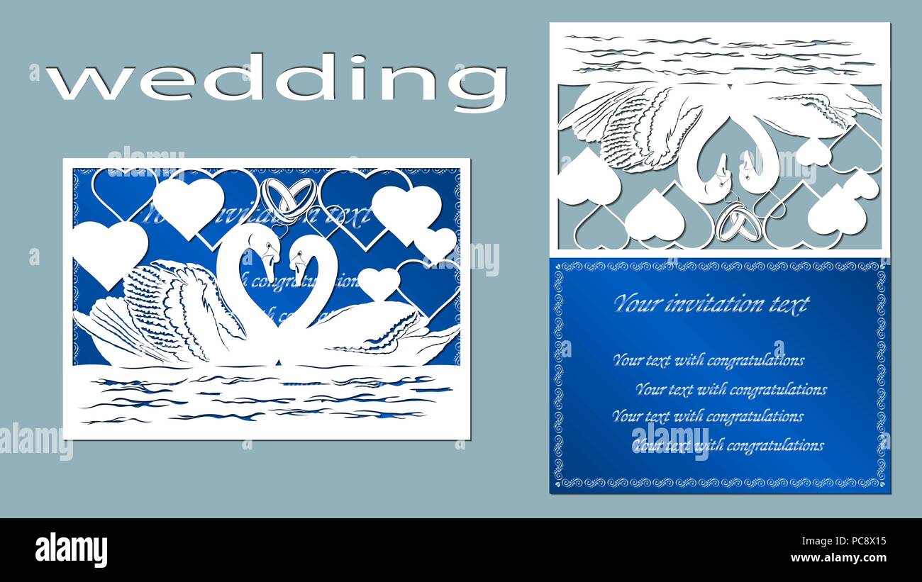 swan. Card. heart, Wedding rings, vector, illustration. Laser cut ...