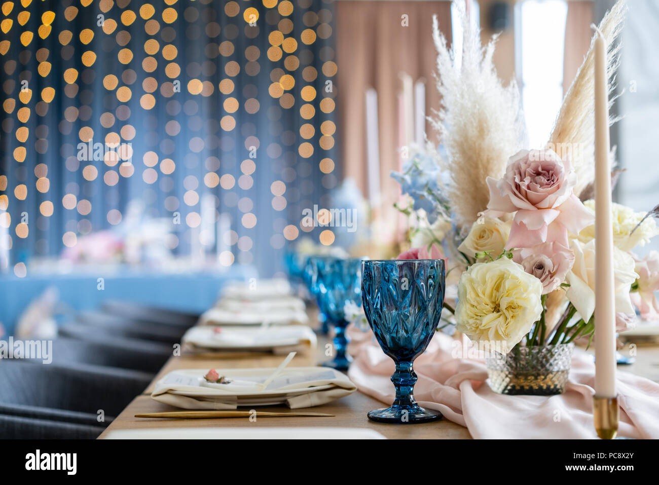 Wedding Banquet or gala dinner. The chairs and table for guests, served ...
