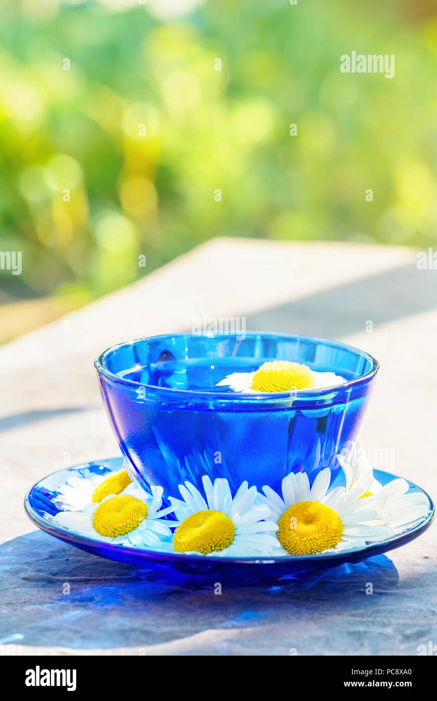 Drink beverage from chamomile herbs in tea blue glass cup on village ...