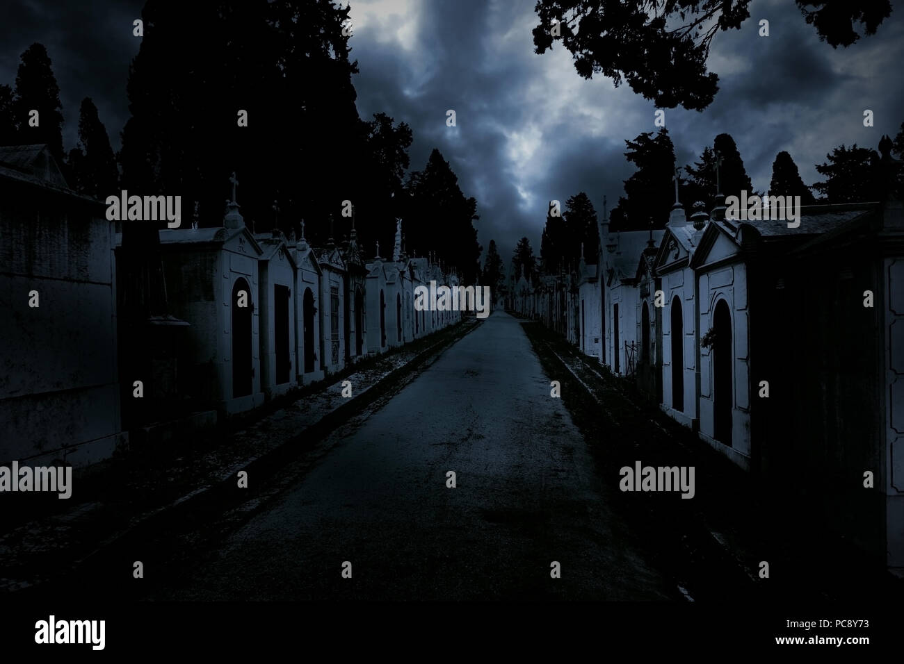 Twilight dark background. Street of an old european cemetery Stock ...
