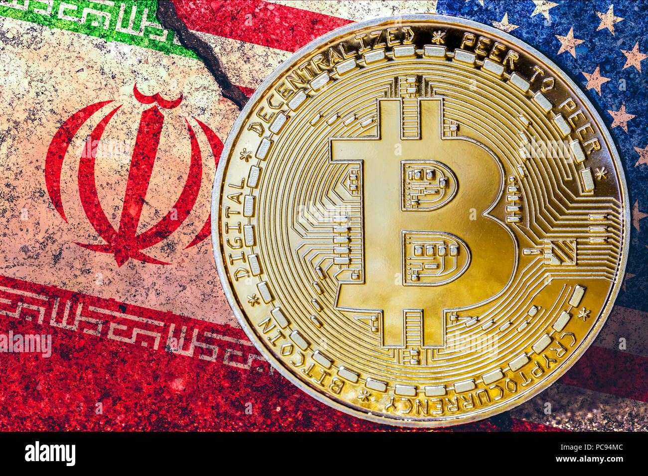 Bitcoin with Iranian and USA flags in background/Iran USA conflict ...