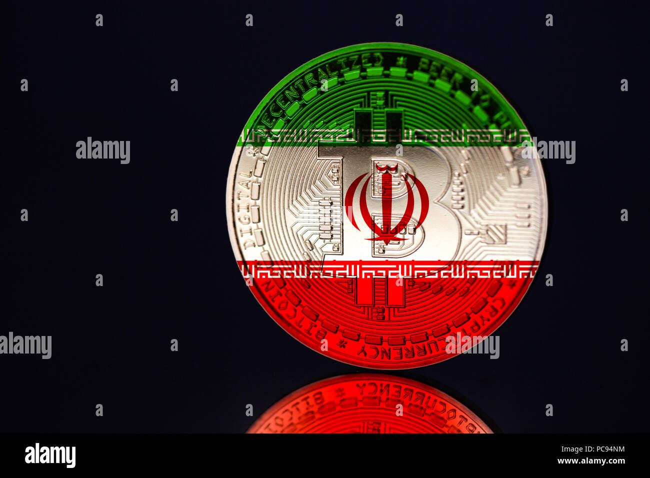 Bitcoin with Iranian flag painted over on black background/Iran USA ...