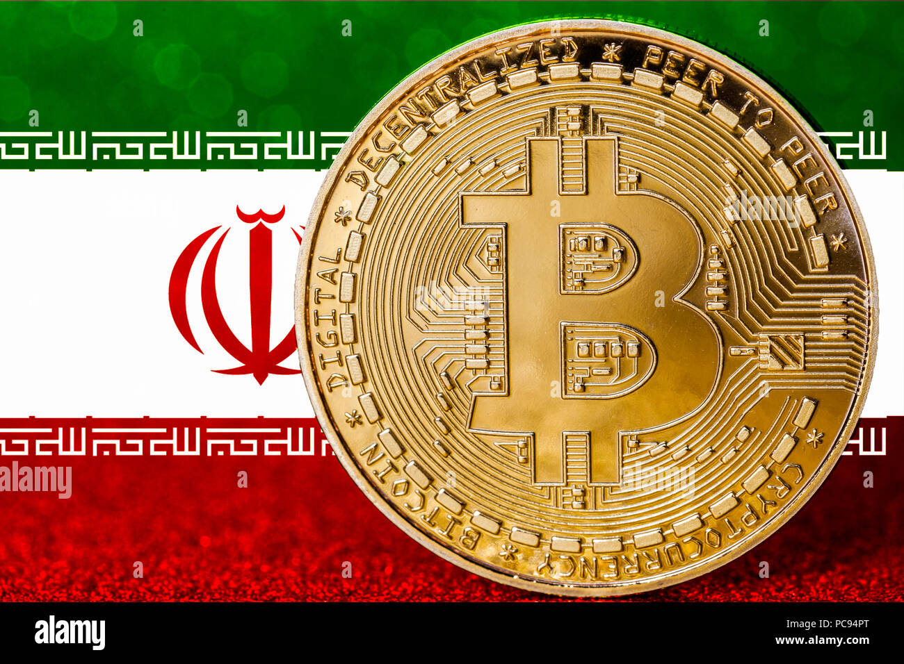 Golden bitcoin with Iranian flag in the background Stock Photo - Alamy