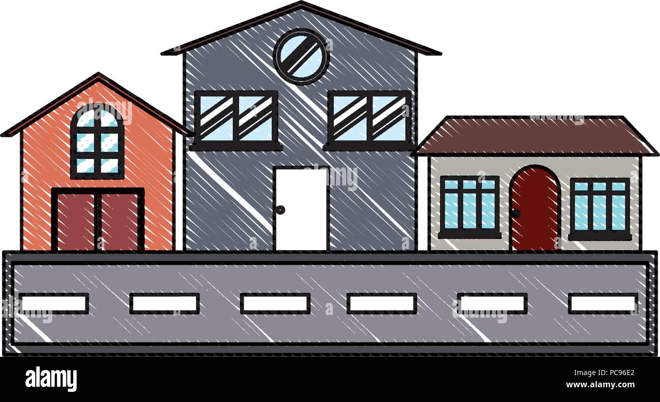 Different houses along the street over white background, colorful ...