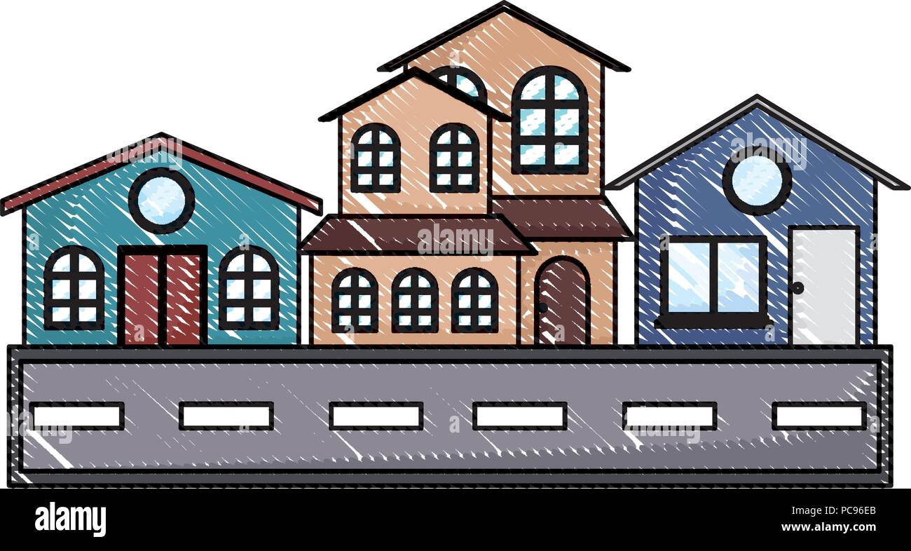 Street with Different houses along over white background, vector ...