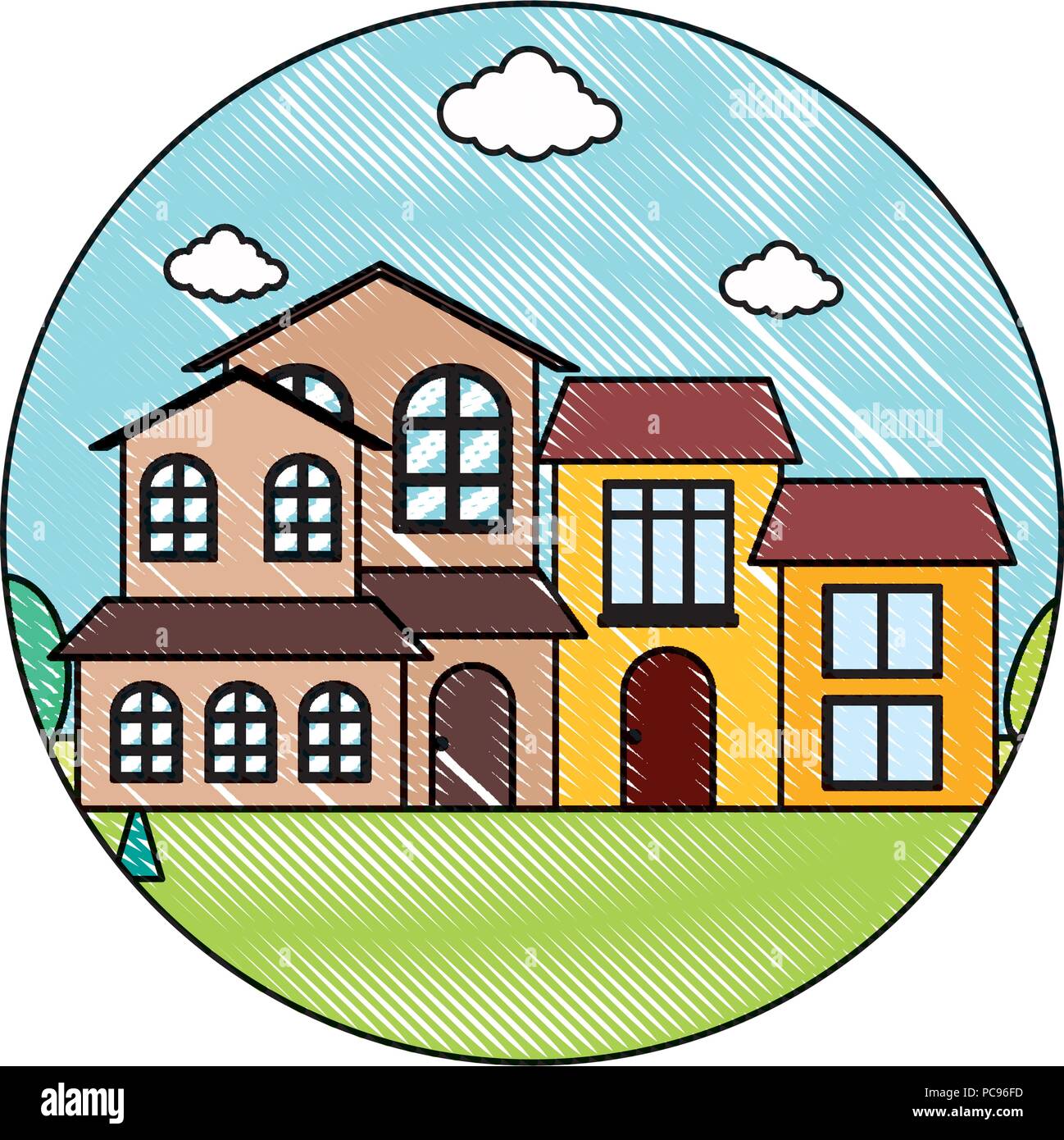 Frame in circle shape with traditional houses in a landscape over white ...