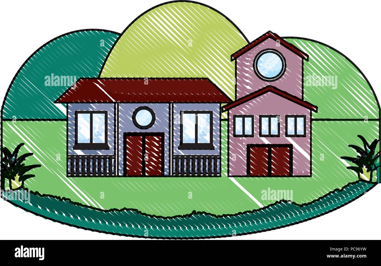 Traditional houses in a landscape over white background, colorful ...