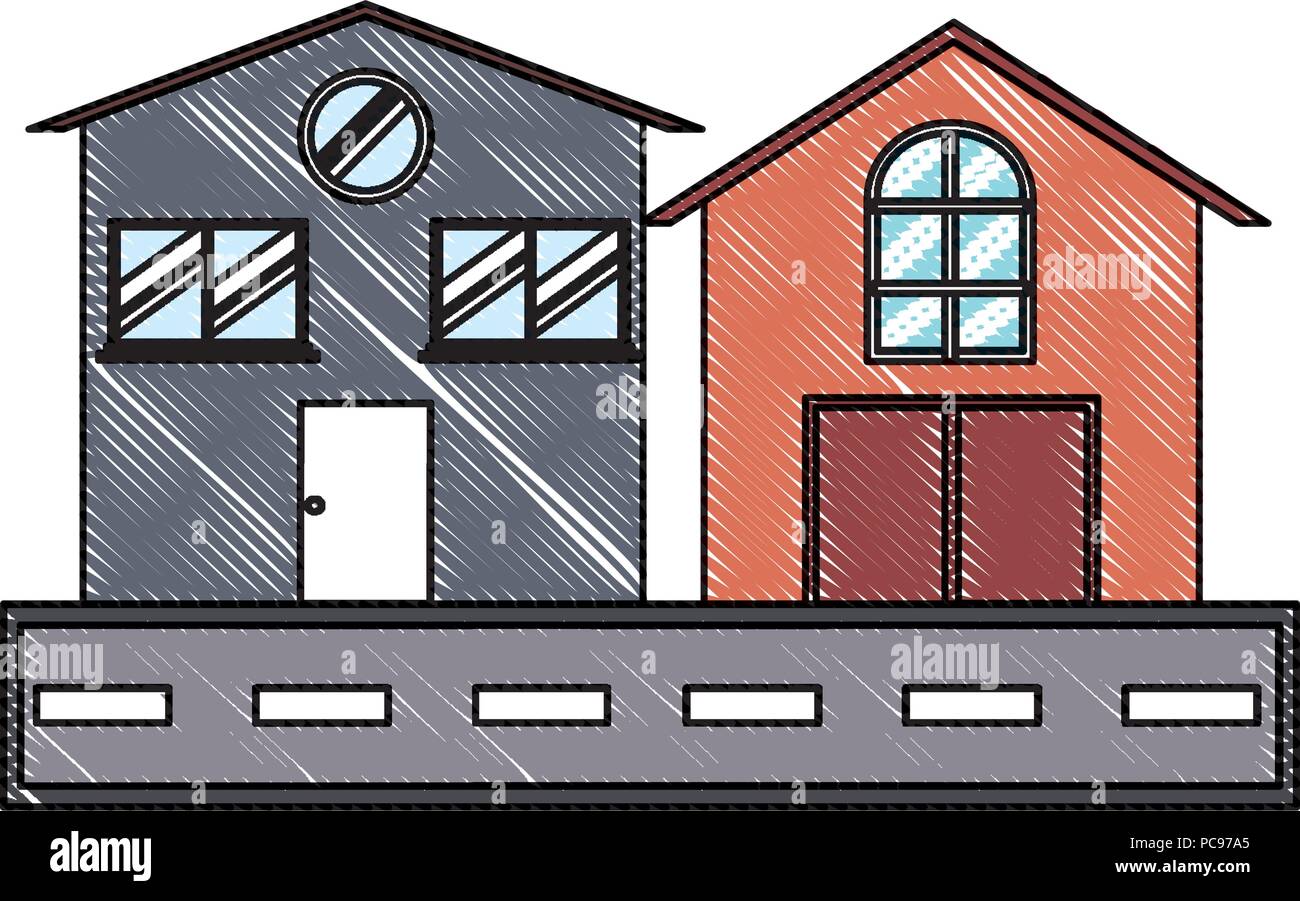 modern houses and street over white background, colorful design. vector ...