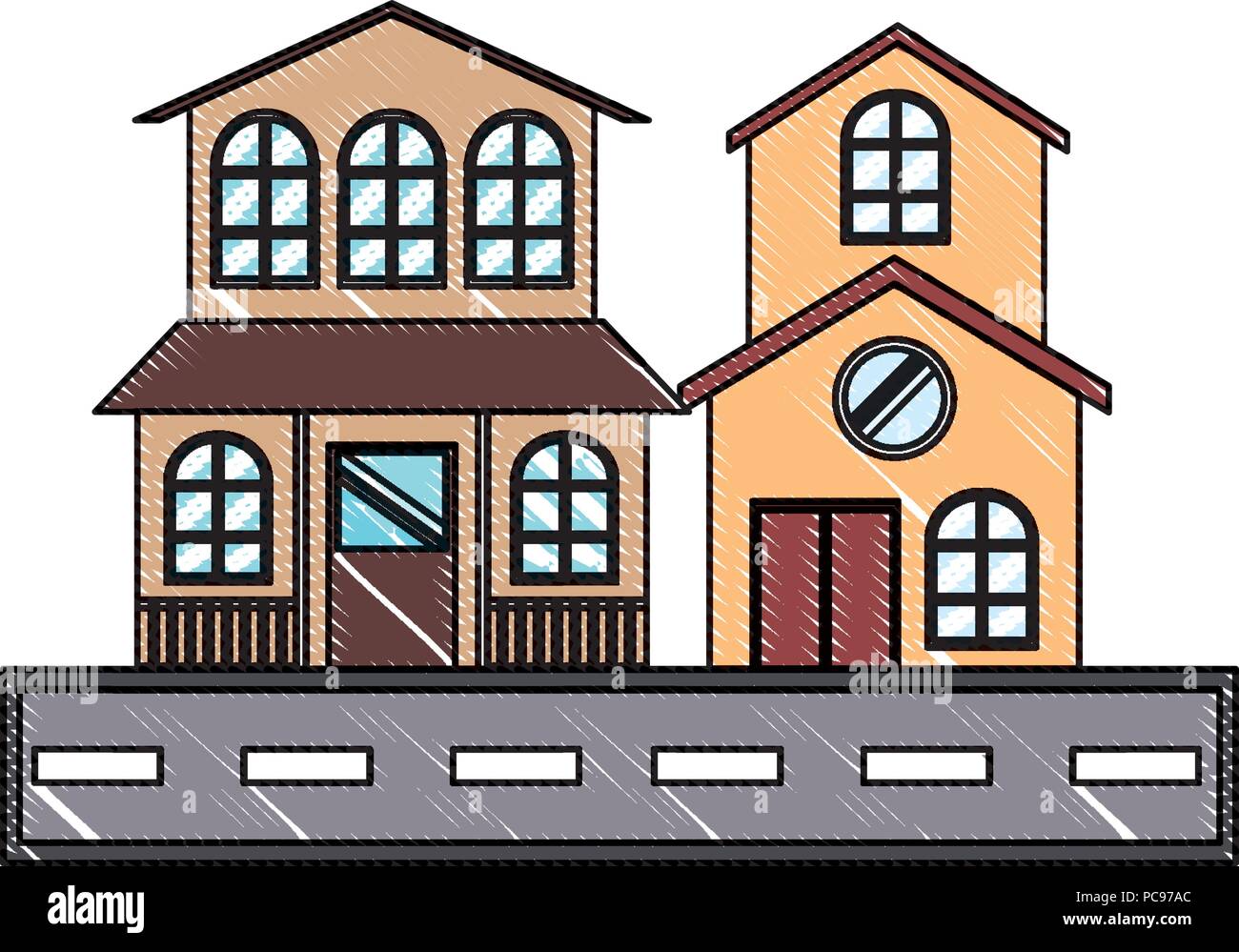 modern houses and street over white background, colorful design. vector ...