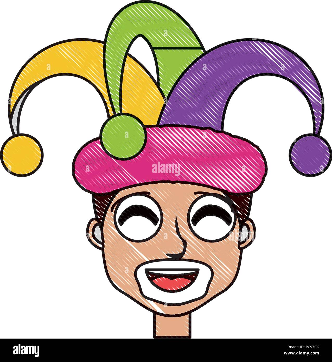 Cartoon man with his face painted and jester hat over white background ...