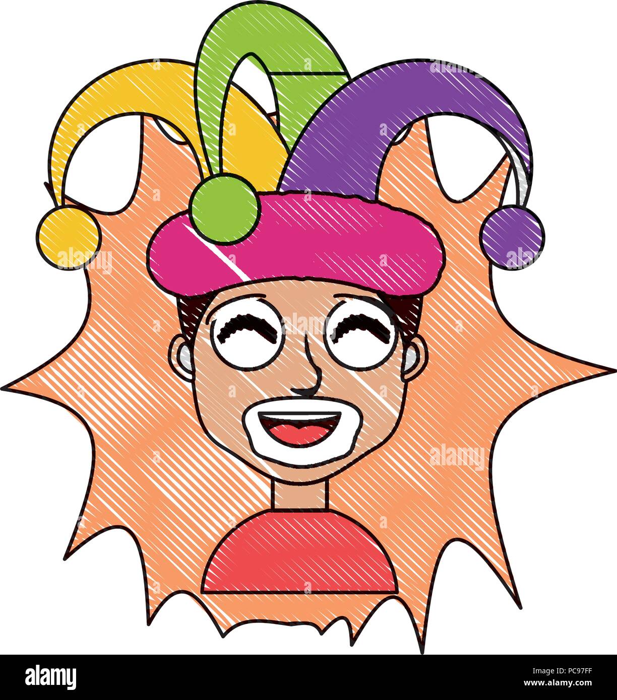Cartoon man with his face painted and jester hat over white background ...