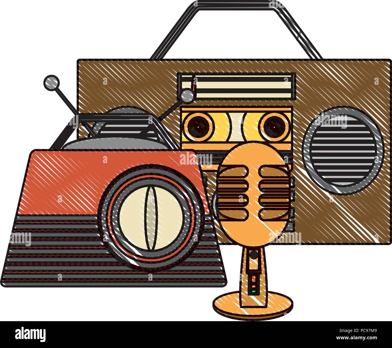 retro boombox with radio and microphone over white background, vector ...