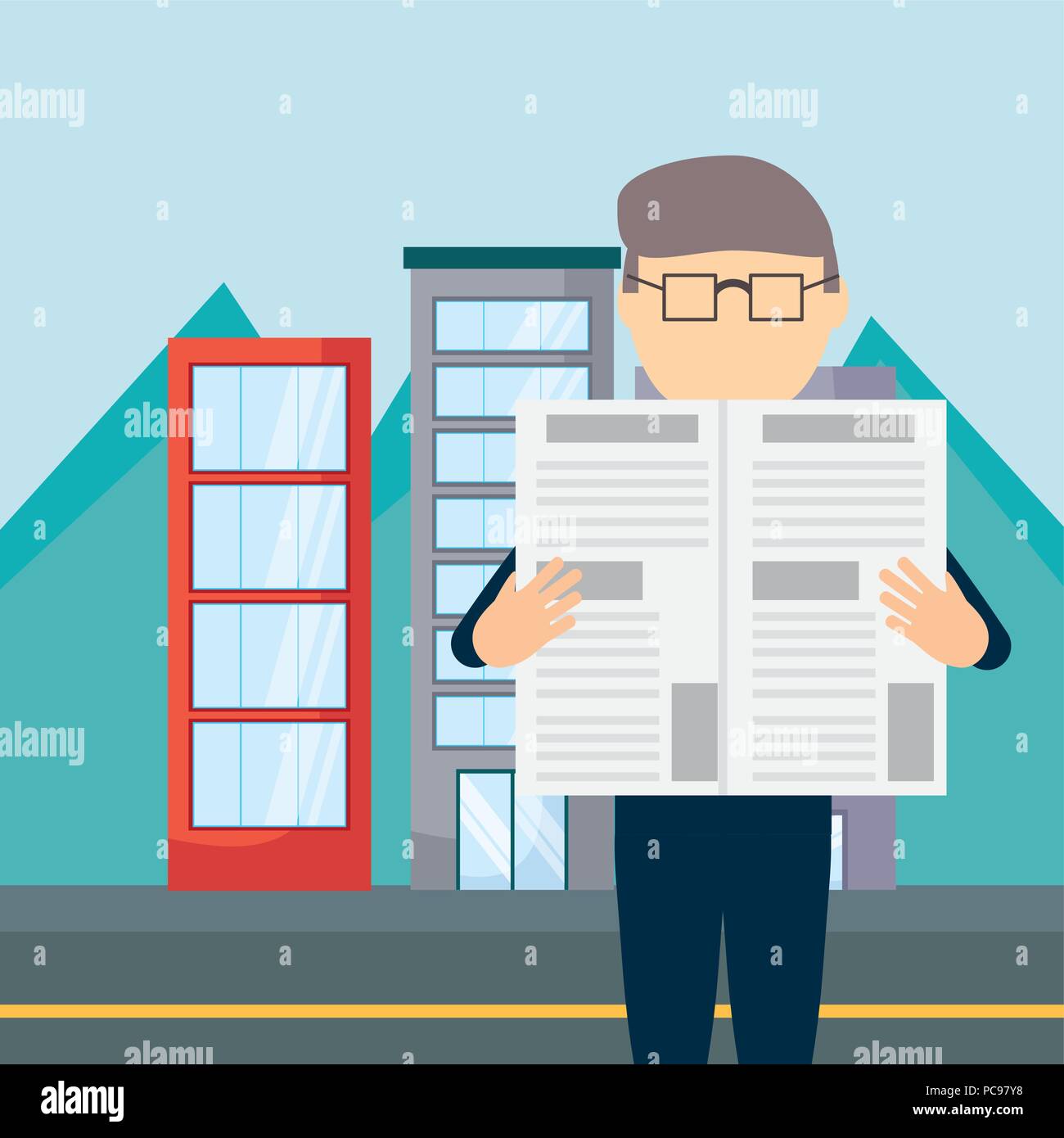 cartoon man reading a newspaper over city buildings background ...