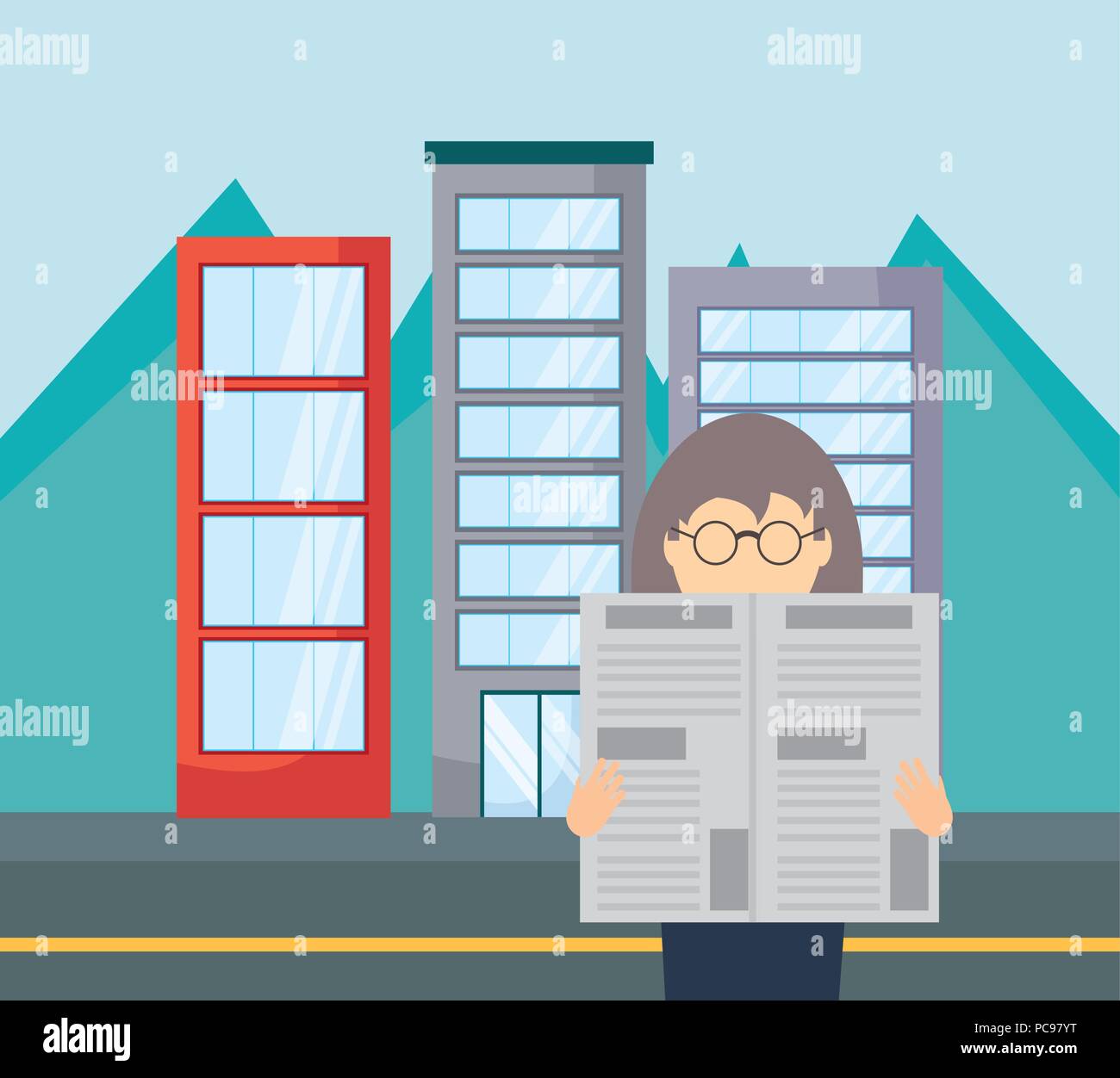 cartoon woman reading a newspaper over city buildings background ...