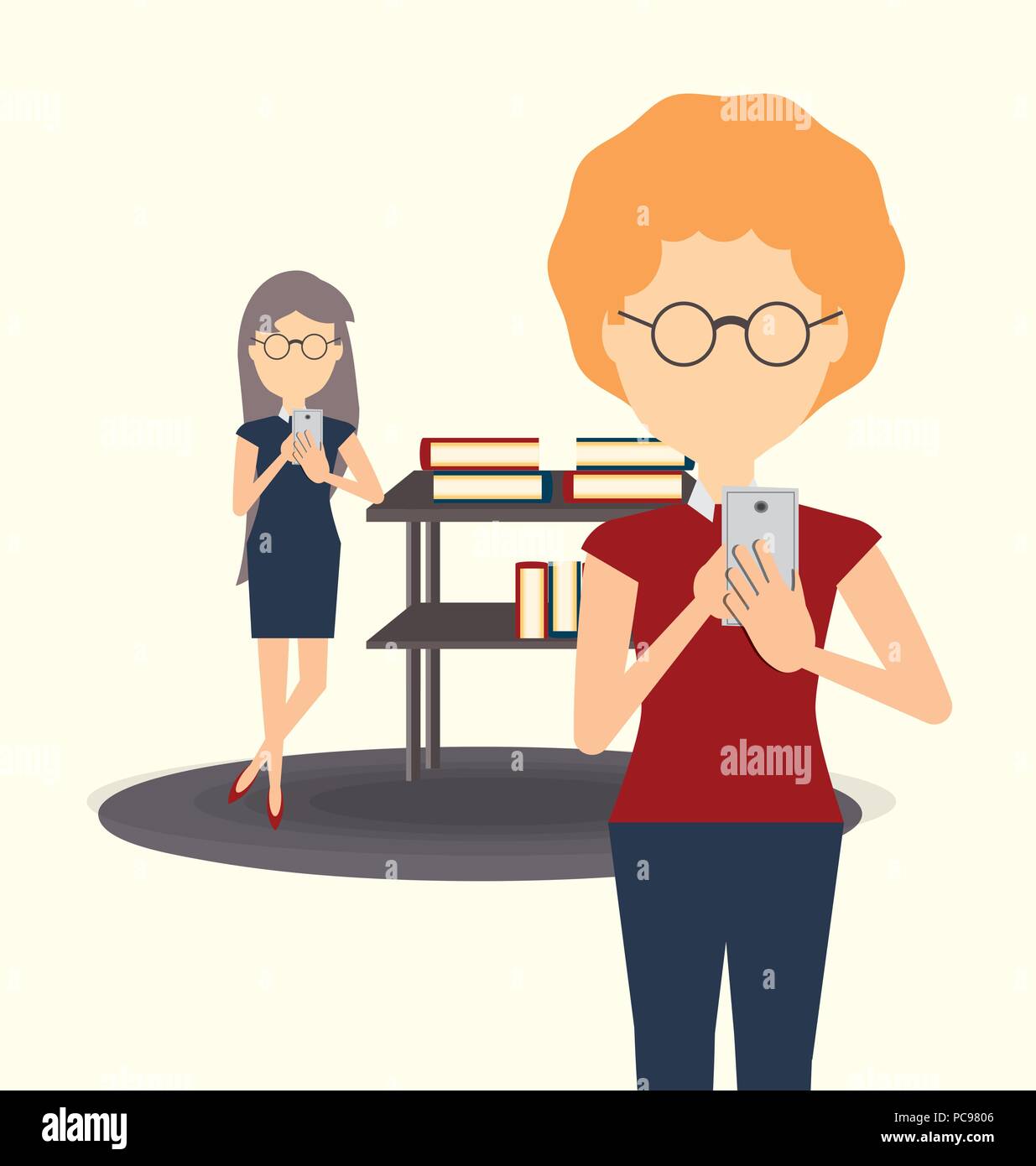 cartoon women using a cellphone over white background, colorful design ...