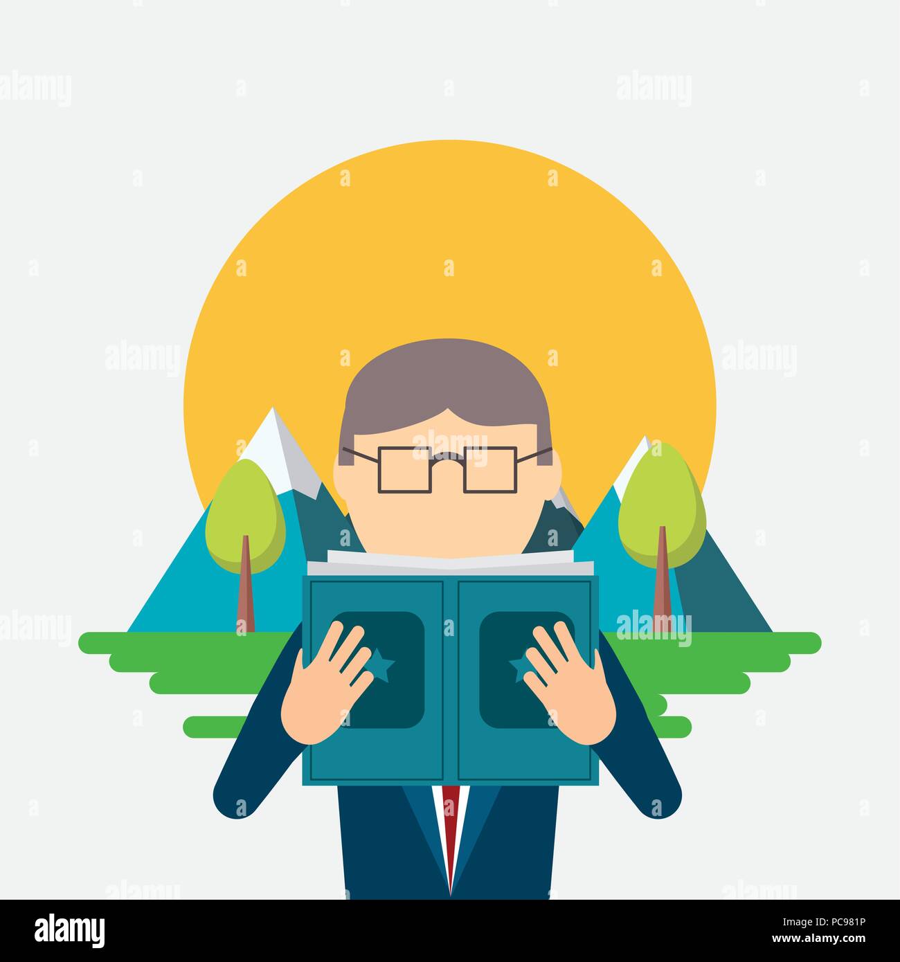 businessman reading a book over landscape over white background ...