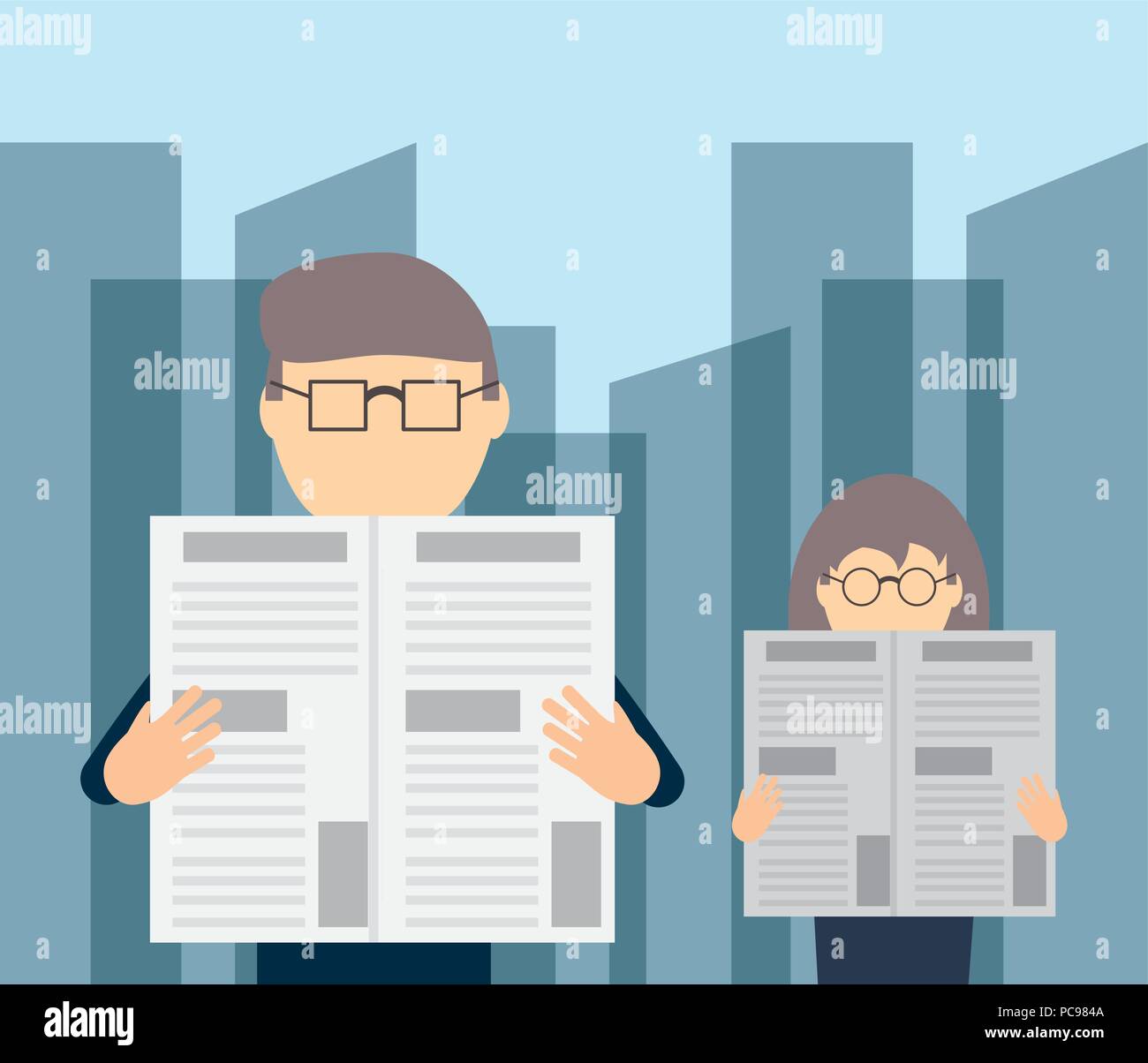 man and woman reading a newspaper over city background, colorful design ...